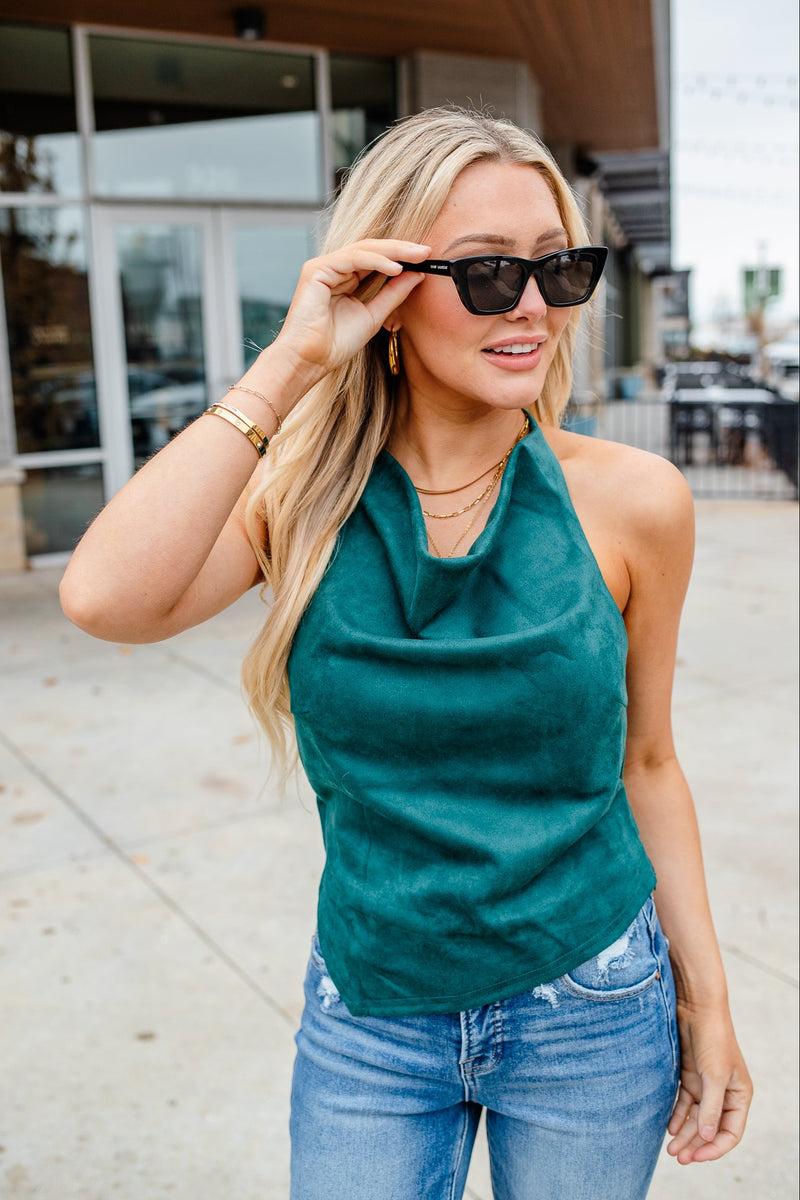 Evergreen Halter Suede Top | BluePeppermint Boutique